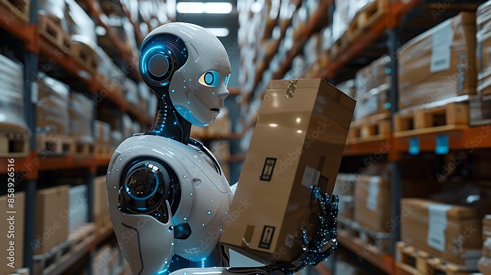 A humanoid robot is working in the warehouse, holding an open cardboard ...