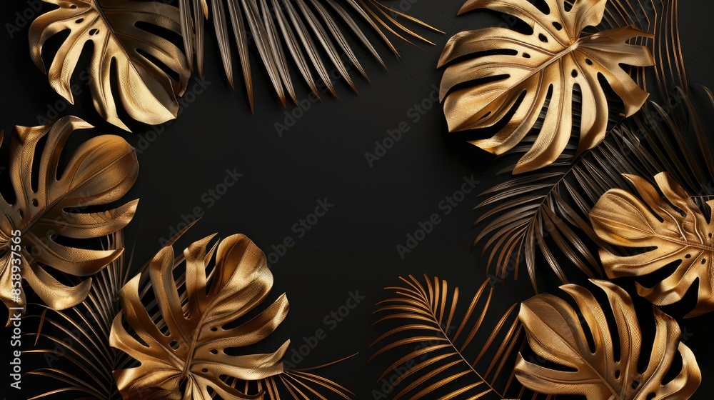 Luxurious trendy border frame with golden monstera and date palm leaves ...