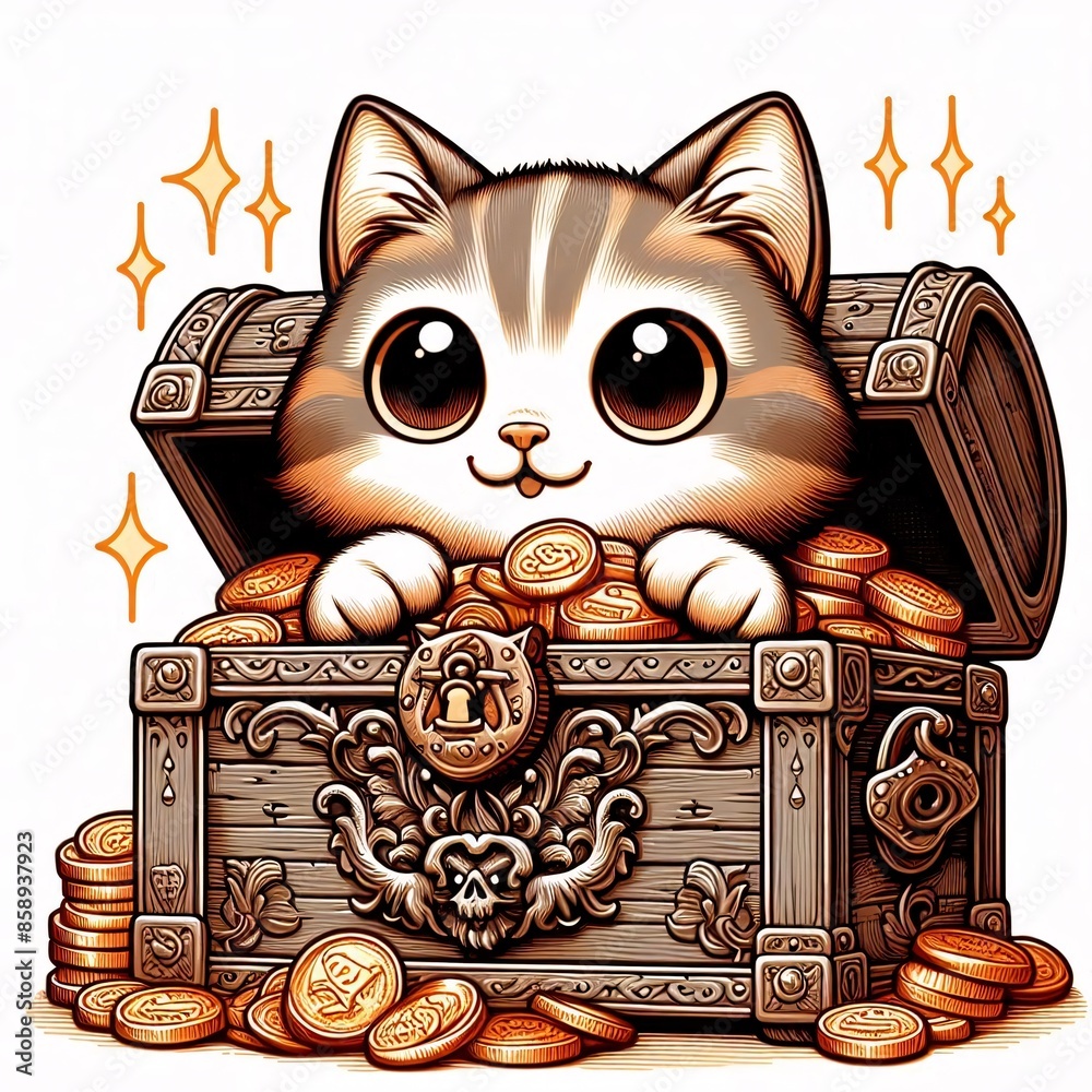 Curious Cartoon Cat Exploring a Treasure Chest Filled with Gold Coins ...