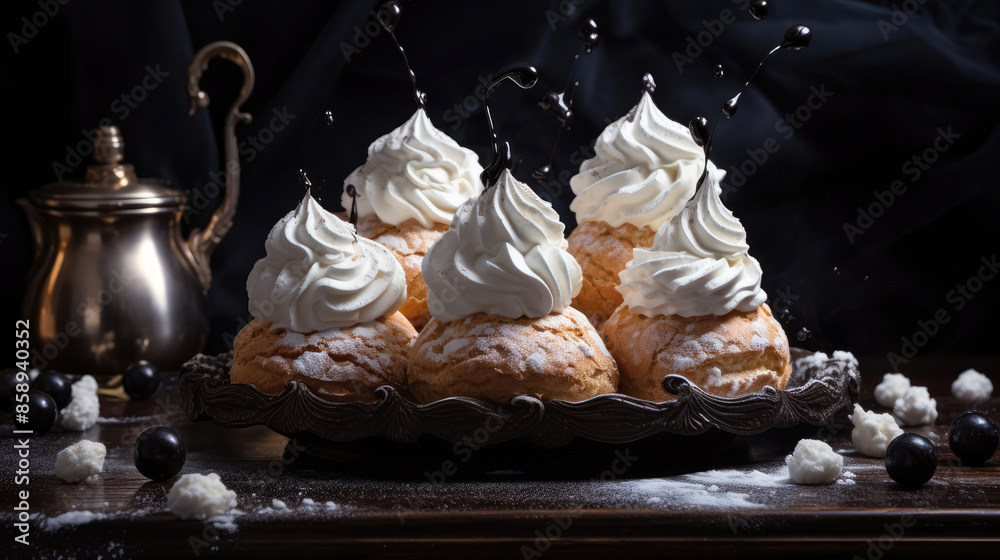 Food bakery bake photography background - Cream puffs on dark table ...