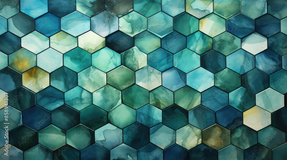 Abstract green blue watercolor art painting of geometric hexagonal ...