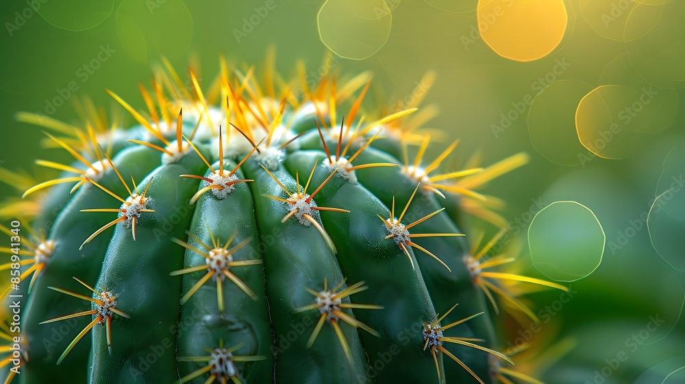Closeup of the spines and thorns on a cactus macro photography. A green ...
