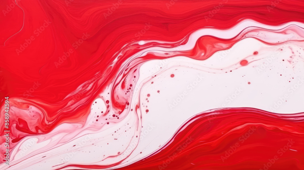 Abstract red color acrylic paint flowing down over white background ...