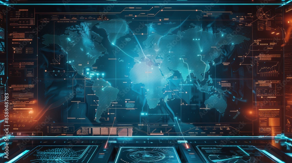 A computer monitor displays a blue and orange world map with many lines ...