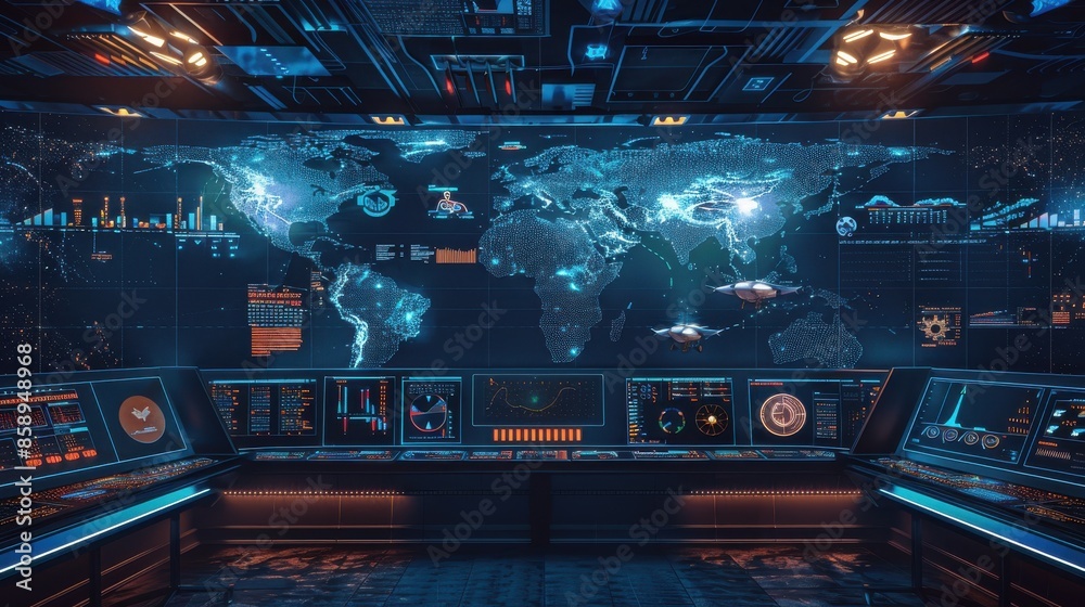 A computer monitor displays a map of the world with a blue background ...