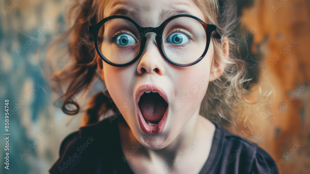 A young girl with wide, blue eyes and open mouth expresses shock or ...