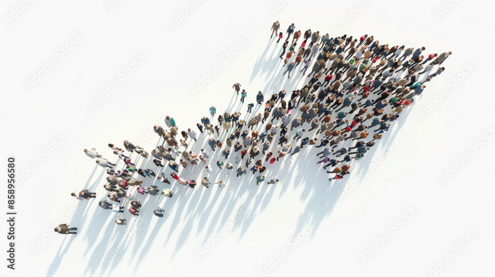 Large group of people forming an arrow shape, casting long shadows on a ...