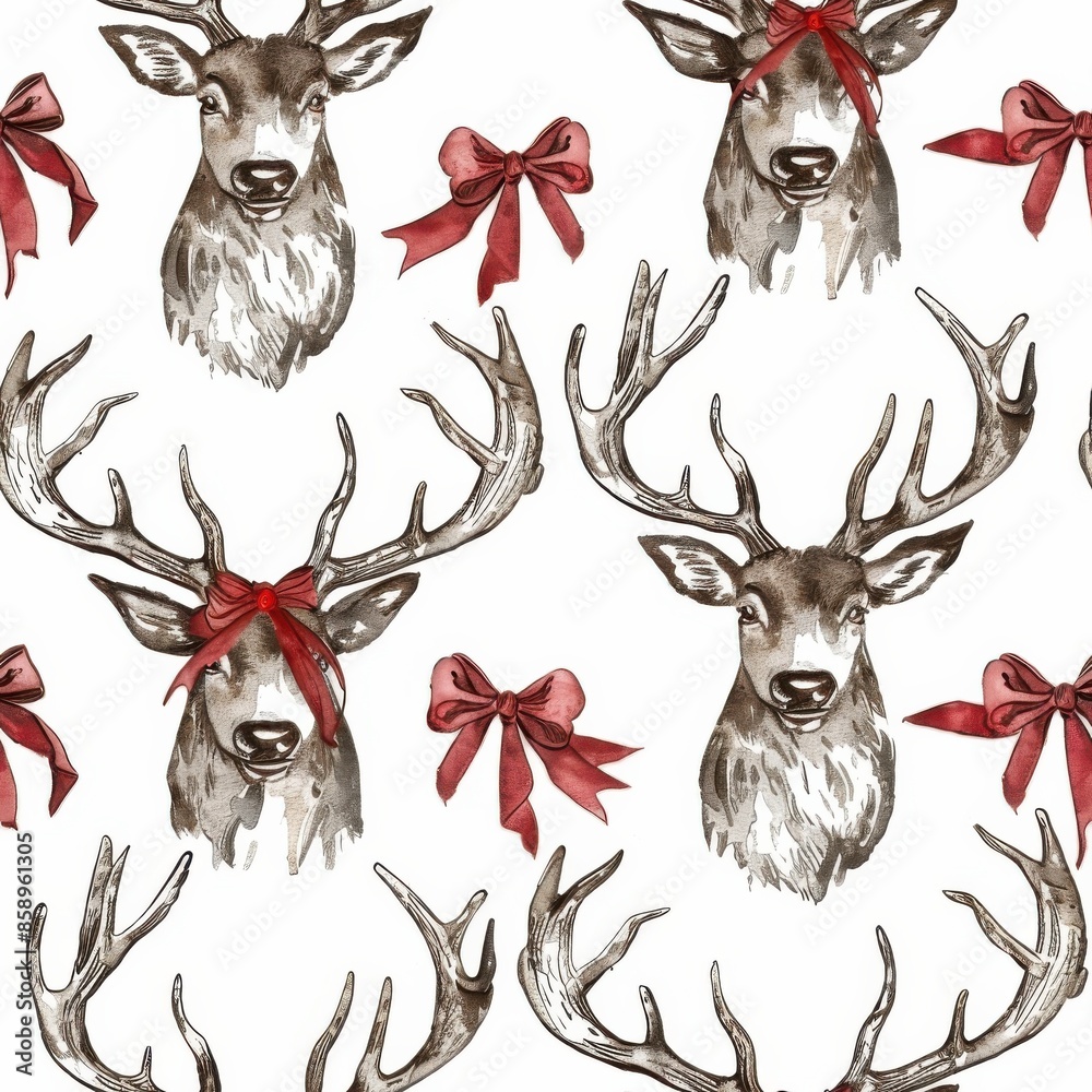 A pattern of deer with red bows on their antlers. The bows are tied in ...