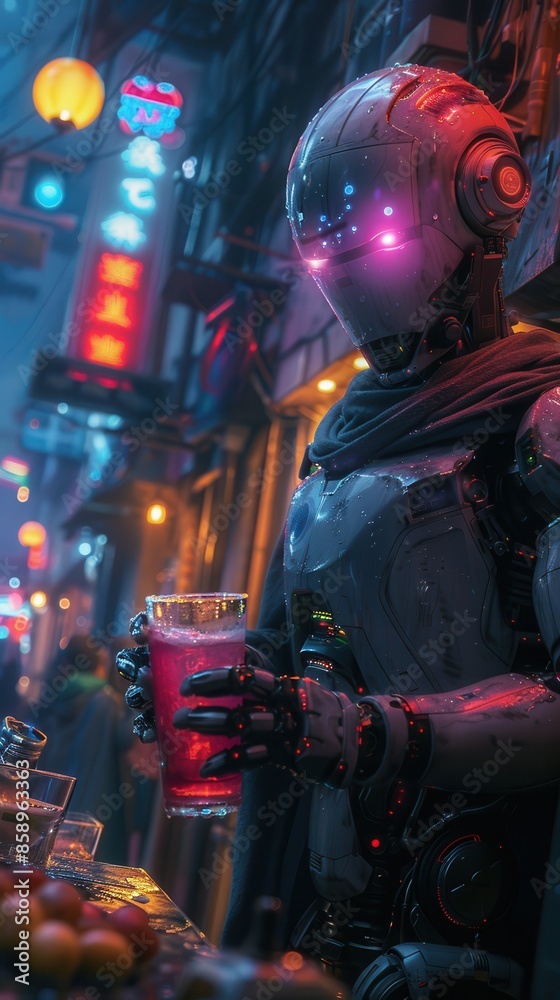 A robot is holding a glass of red liquid. The robot is standing in ...