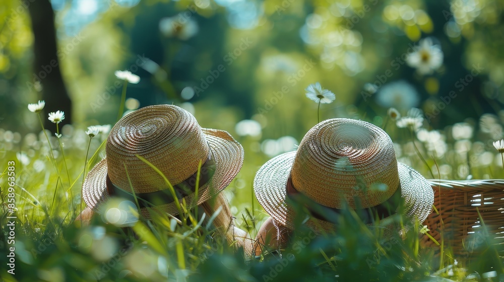 Female and male hide faces behind straw hat at park with green meadows ...