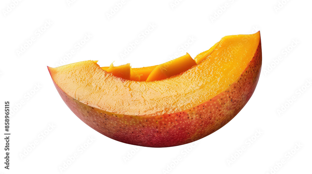 Photograph of a sliced mango, its vibrant orange flesh and juicy fibers ...