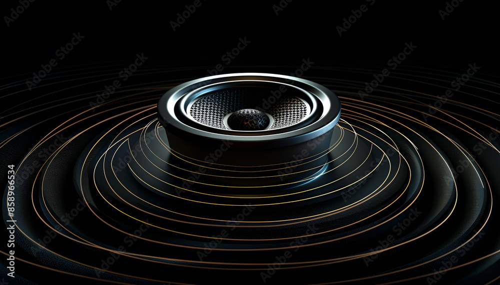 Black background, one woofer speaker is vibrating, and sonic boom forms ...