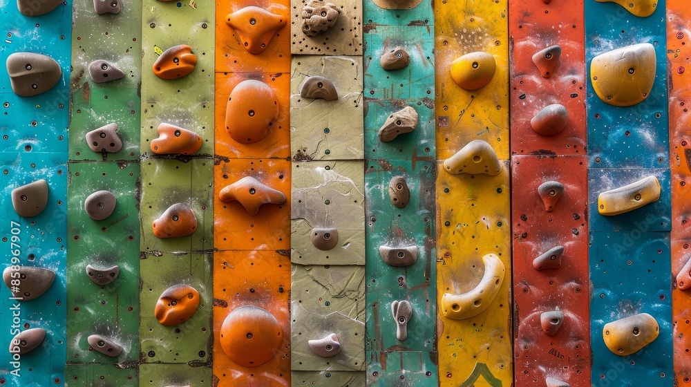 Wide shot of a colorful artificial climbing wall, highlighting the ...