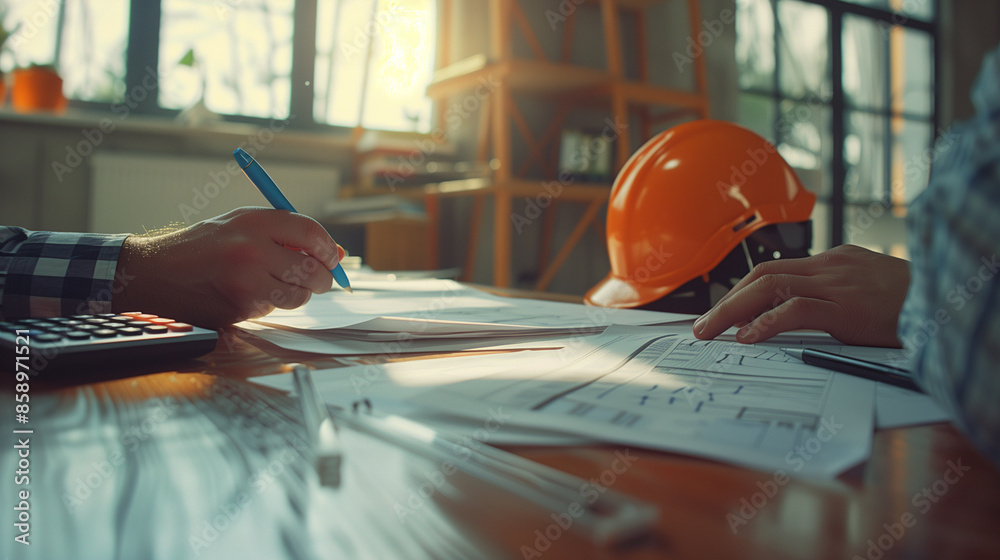 Engineer's handwriting on paper, next to him is an orange helmet, blue ...