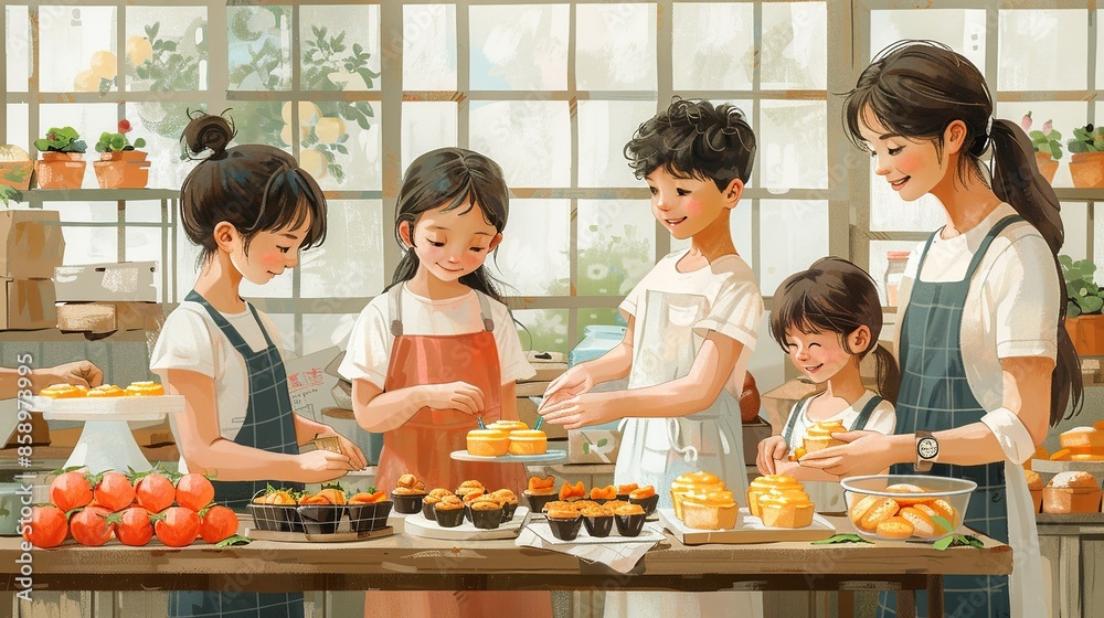 Draw a family participating in a charity bake sale. Show a table with ...