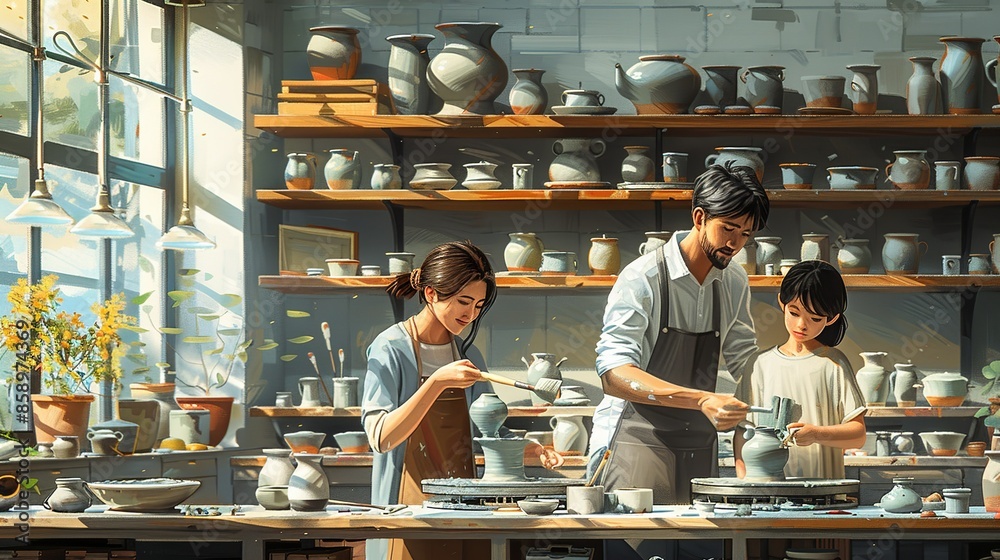 Draw a family taking a pottery class together. Show a studio with ...