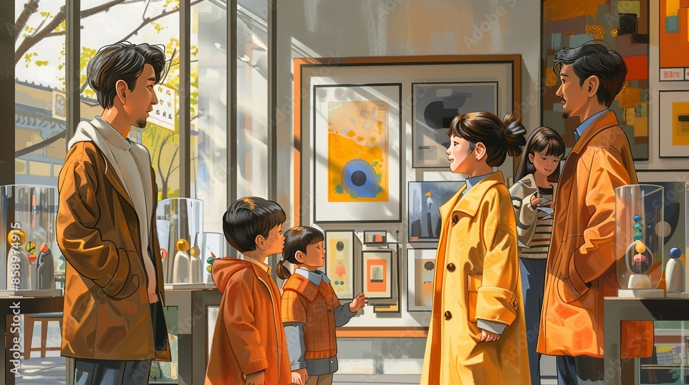 Draw a family visiting an art museum. Show them admiring paintings ...