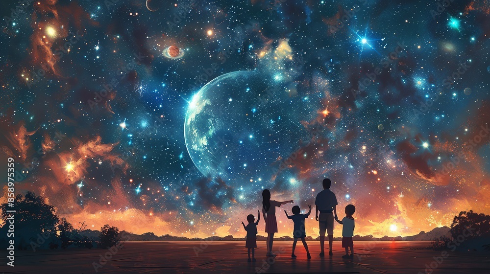 Draw a family visiting a planetarium. Show the starry dome, children ...