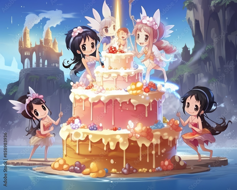 Cartoon fairies adding magical decorations to a layered cake, Fantasy ...
