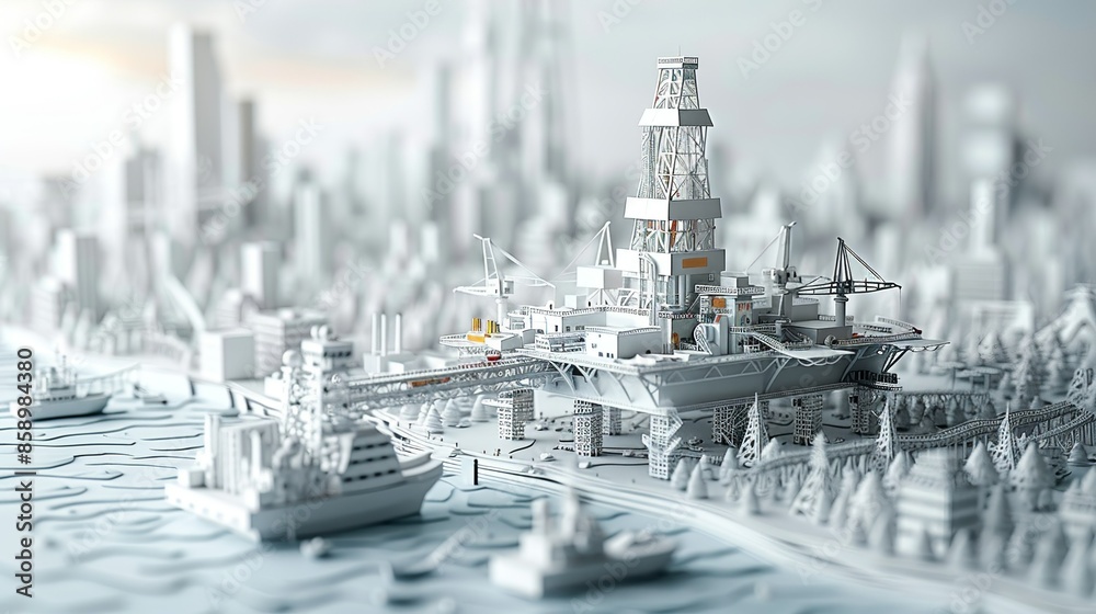 Paper craft illustration of a modern oil drilling platform, detailed ...