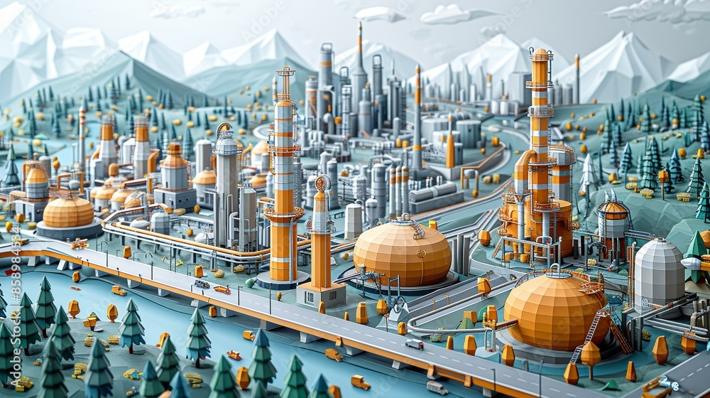 Paper craft landscape of a modern oil refinery, featuring detailed ...