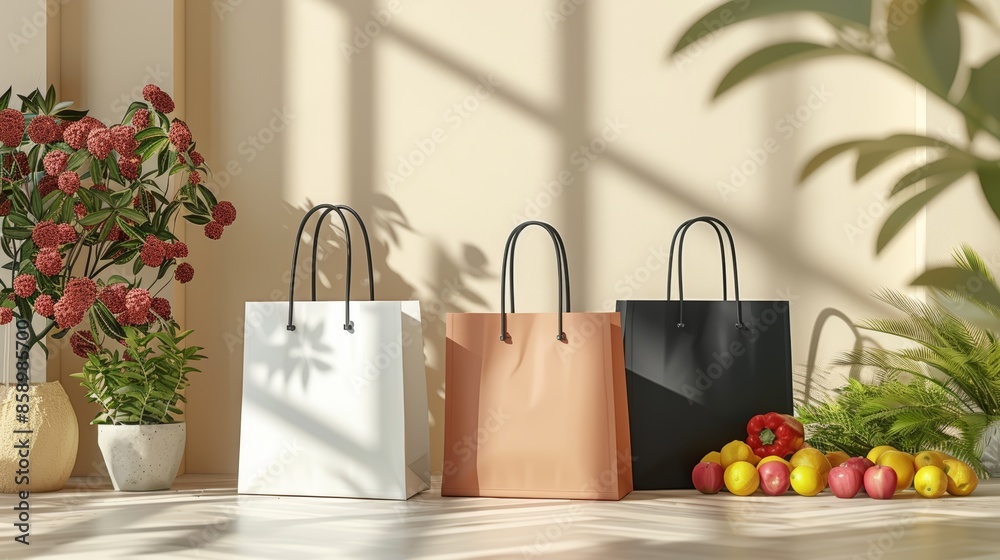 Reusable shopping bags displayed in a flat design, plastic-free 3D ...