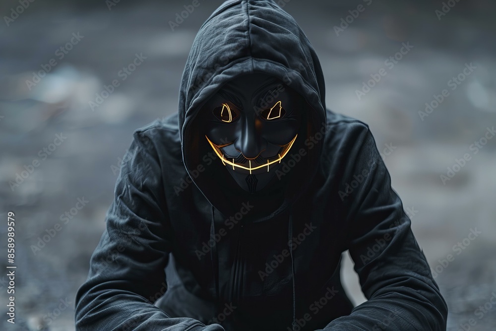 Depicting a hacker in black hoodie with neon glowing face mask against ...