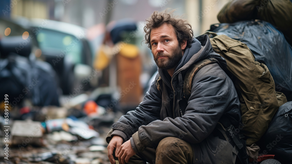 A homeless man sits on the ground, his back against a wall, with a ...