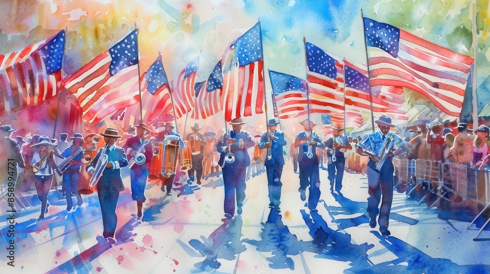 A watercolor painting depicts a vibrant scene of an American flag ...