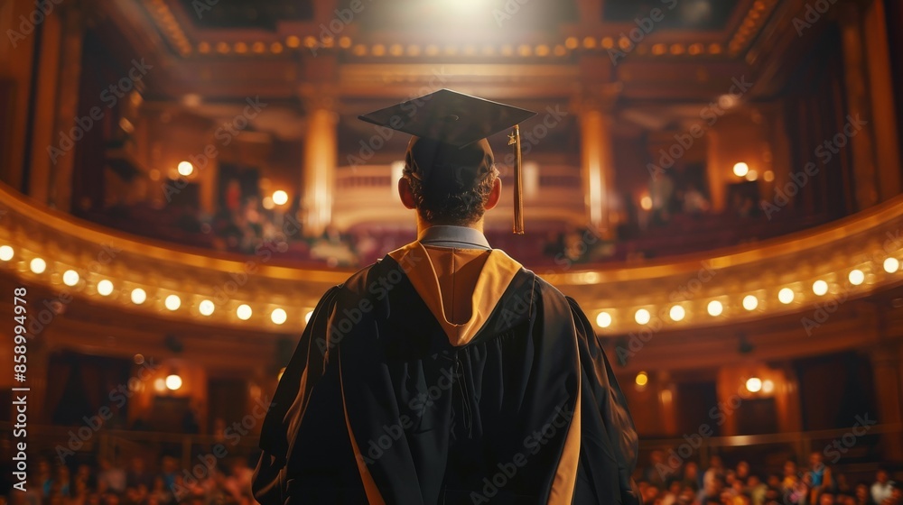 Graduate on stage in grand theater, back view during commencement ...