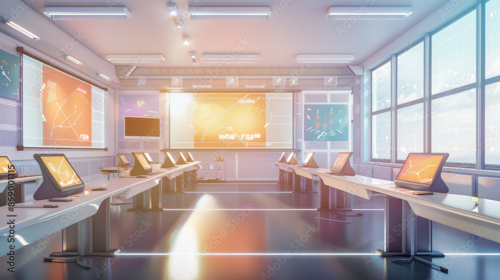 A modern, tech-enabled classroom with brightly lit screens and ...