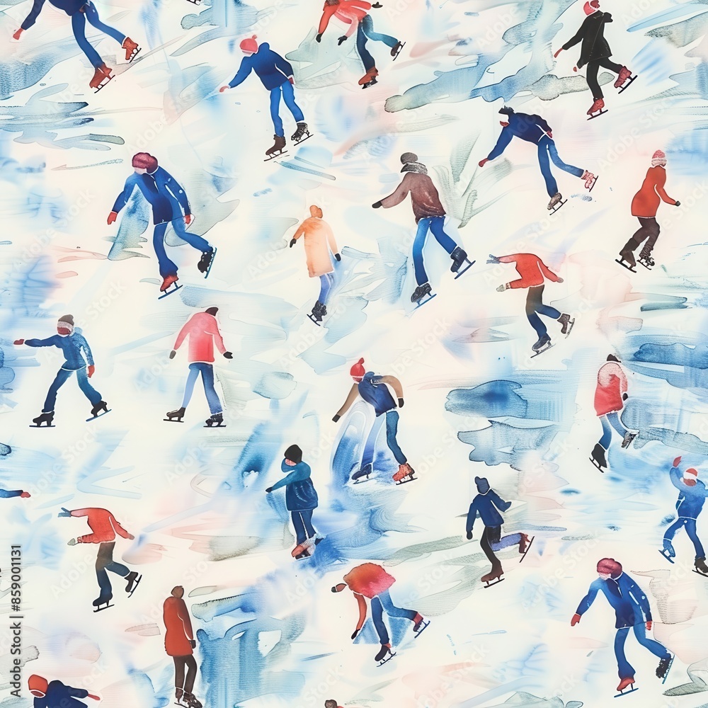 A watercolor painting depicting a group of people ice skating on an ...