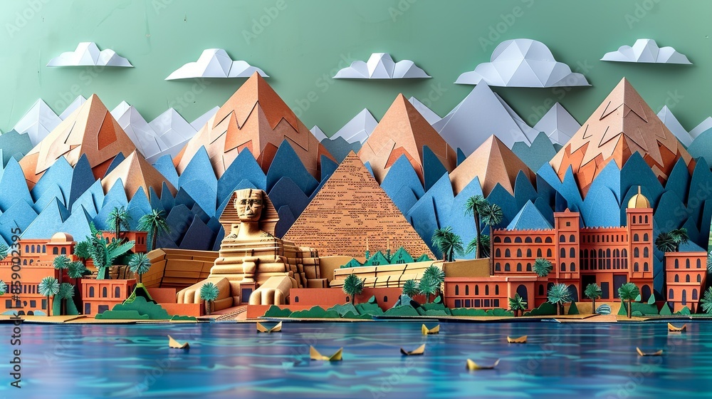 A captivating papercraft landscape of Cairo, featuring the Pyramids of ...
