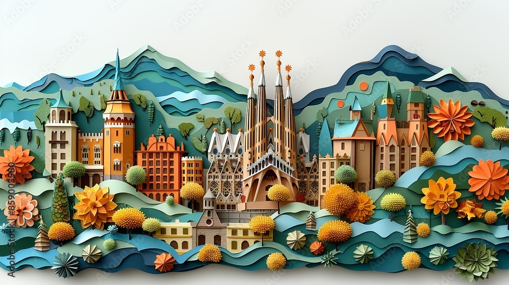 An exquisite papercraft illustration of Barcelona, featuring the ...