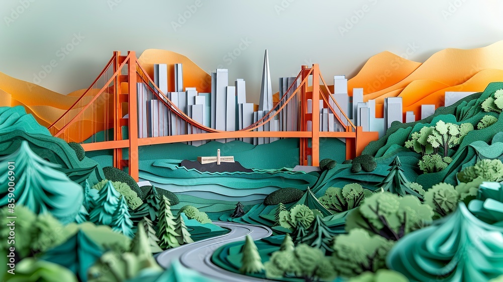 A vibrant papercraft view of San Francisco, with the Golden Gate Bridge ...