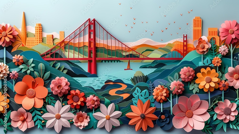 A vibrant papercraft view of San Francisco, with the Golden Gate Bridge ...