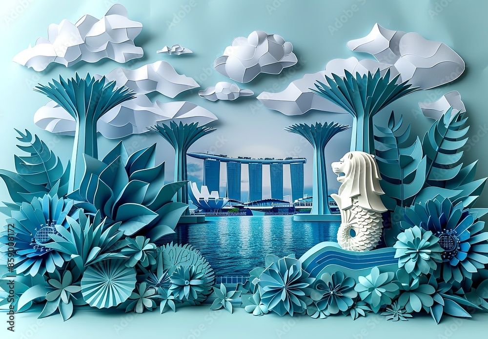 A delicate paper craft illustration of Singapore, capturing the Marina ...
