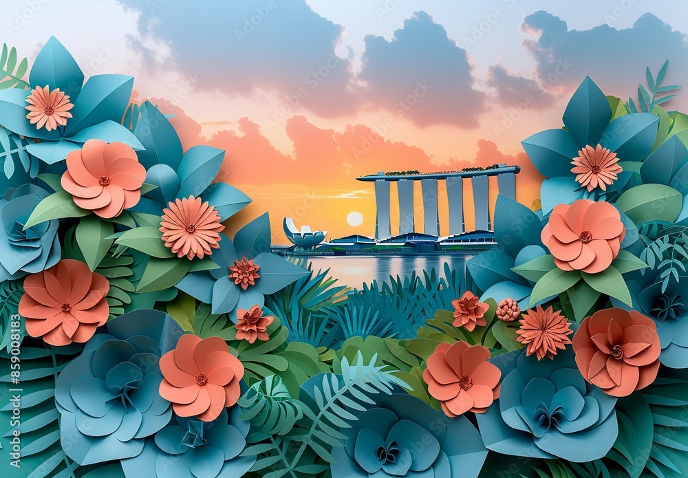 A delicate paper craft illustration of Singapore, capturing the Marina ...
