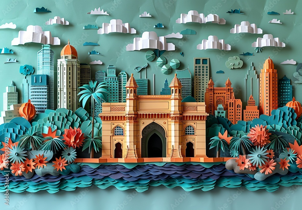A detailed paper craft of the vibrant city of Mumbai, India, showcasing ...