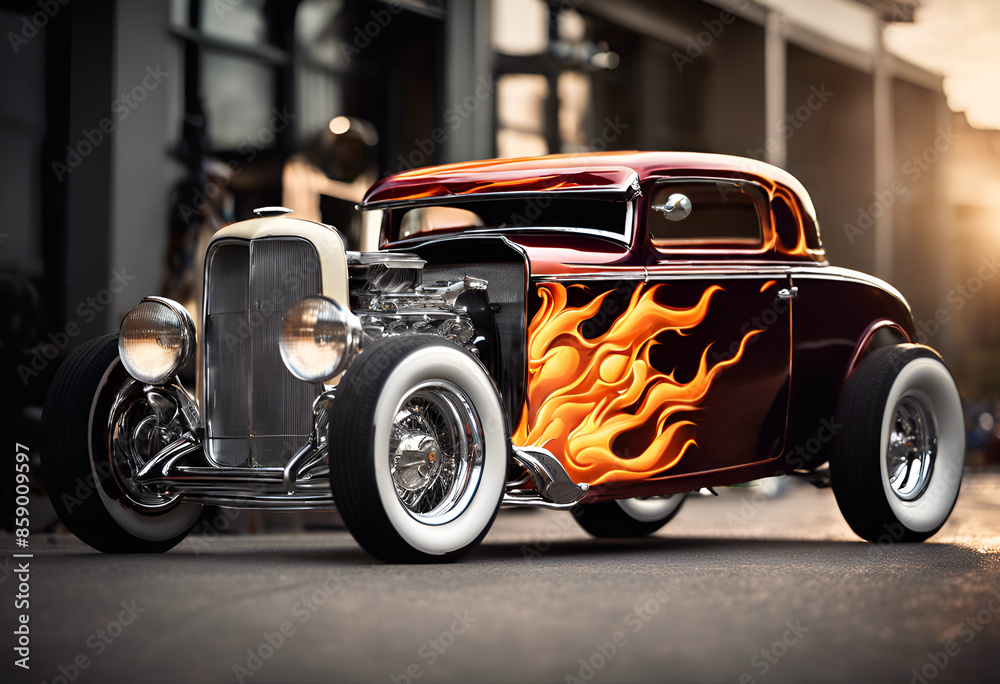 Vintage hot rod with custom flame paint job, captured in low key ...