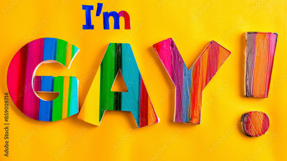 phrase "I'm GAY!" written in bold, colorful letters against a vibrant ...