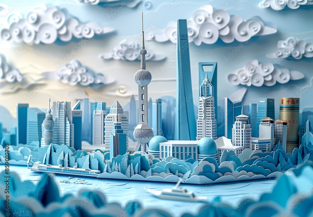 An intricate paper craft of Shanghai's futuristic skyline, featuring ...