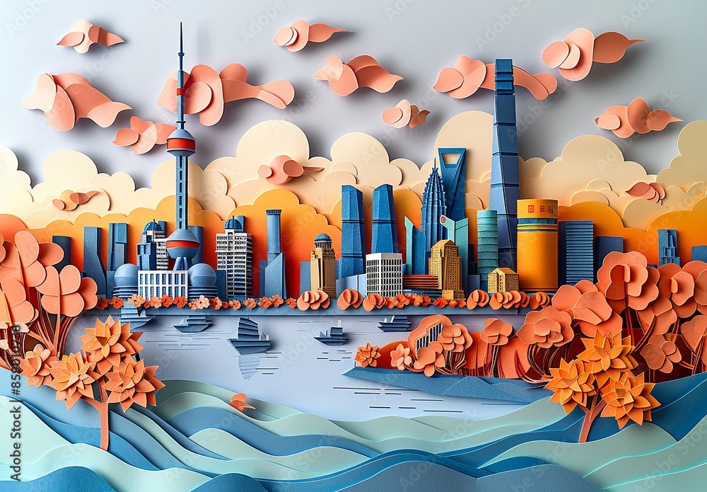 An intricate paper craft of Shanghai's futuristic skyline, featuring ...