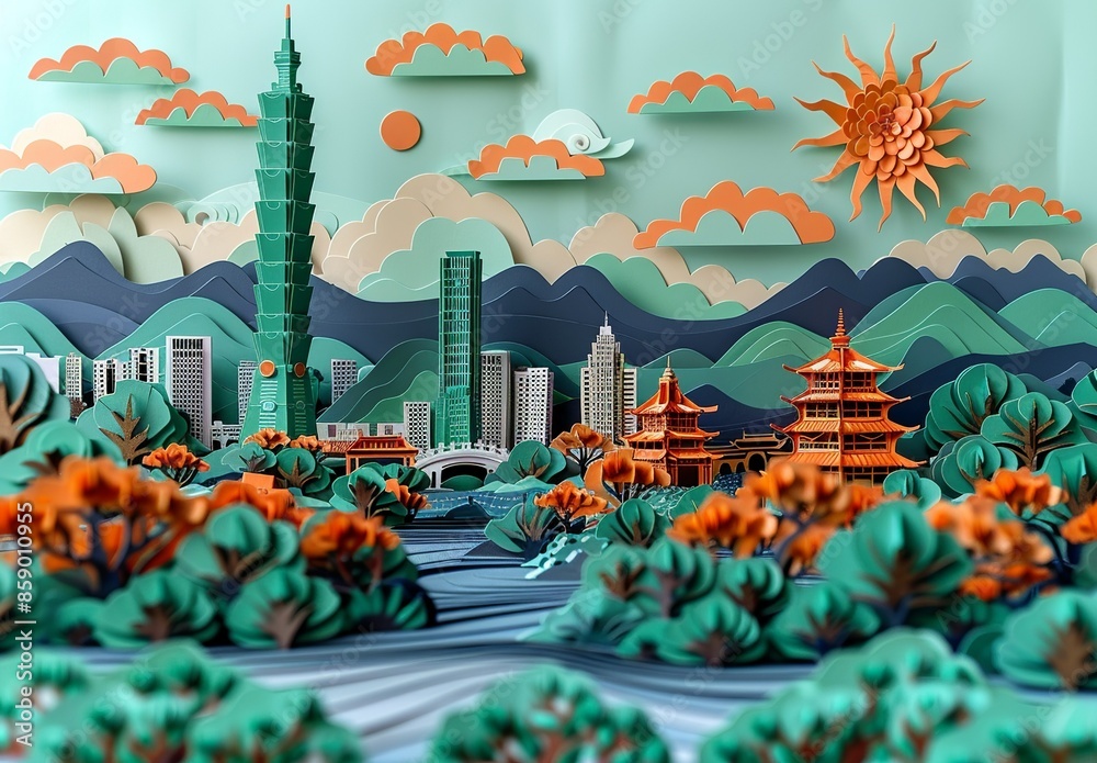 An intricate paper craft of Taipei, Taiwan, featuring the towering ...