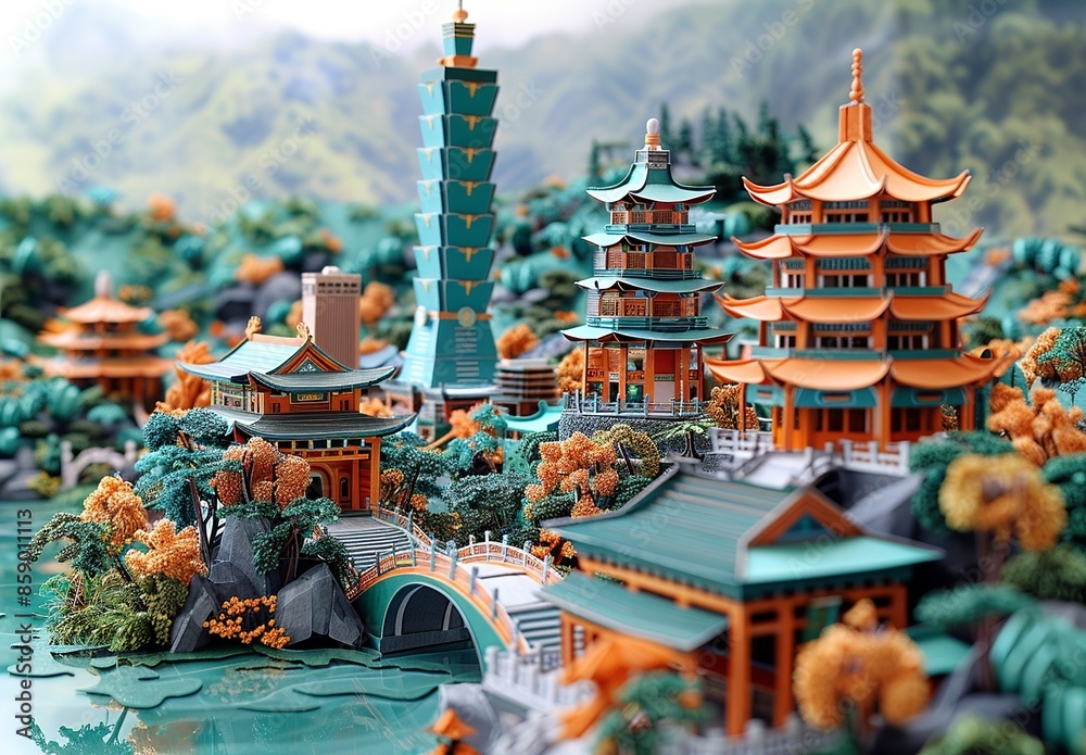 An intricate paper craft of Taipei, Taiwan, featuring the towering ...