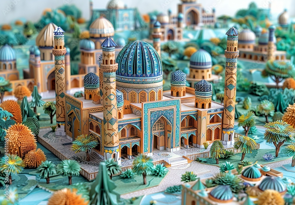 An intricate paper craft of Tashkent, Uzbekistan, capturing the ...