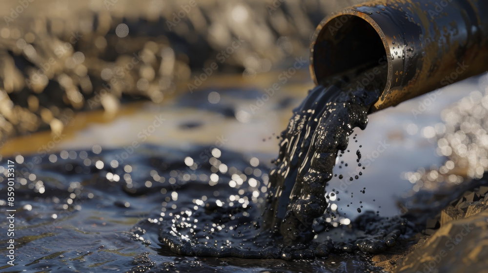 Viscous black sludge flows from an industrial pipe into water ...
