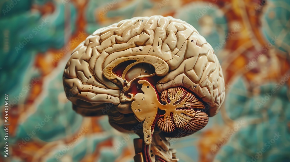 A detailed anatomical illustration of the human brain with visible ...