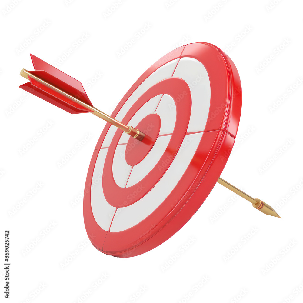 White arrow hit the center of the red target 3d icon cartoon style ...