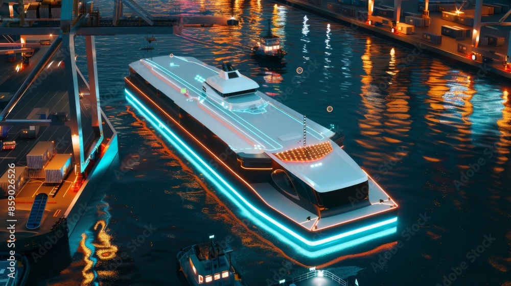 autonomous cargo ship navigating through a busy seaport, showcasing the ...